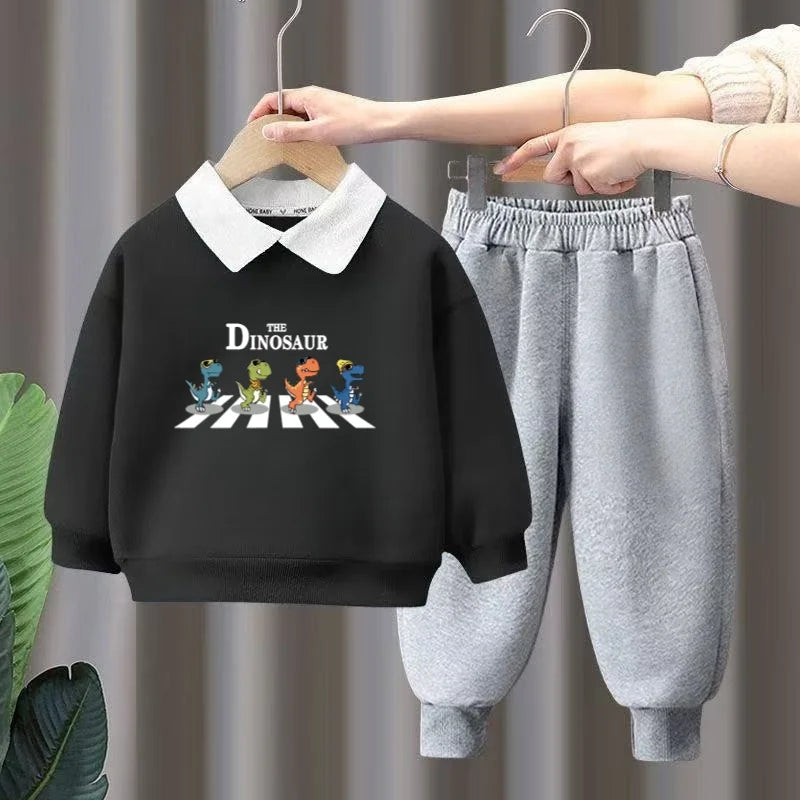 Kids Boy Dinosaur Cartoon Print Polo Sweatshirt & Joggers Set – Monroe ...