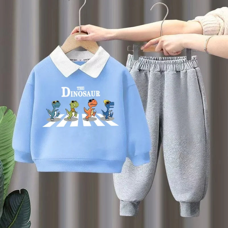 Kids Boy Dinosaur Cartoon Print Polo Sweatshirt & Joggers Set – Monroe ...